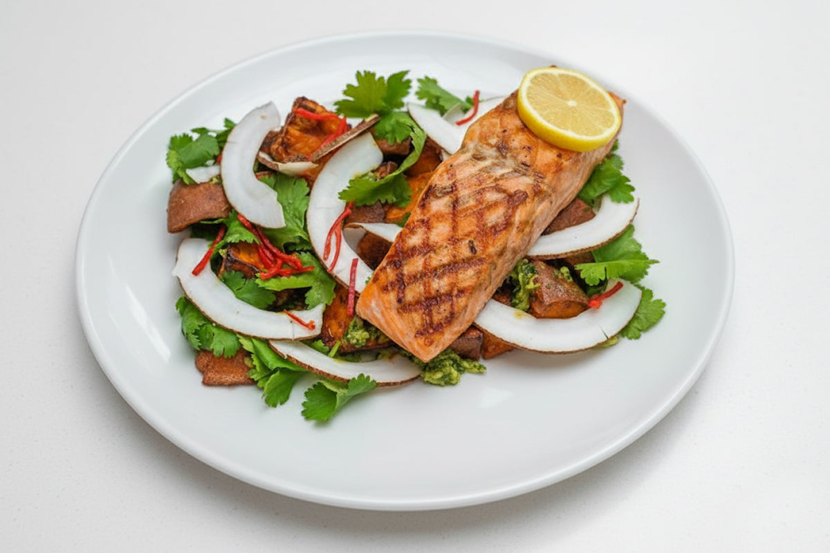 Grilled Salmon with Coconut & Sweet Potato Salad – Stash Proof Incorporated